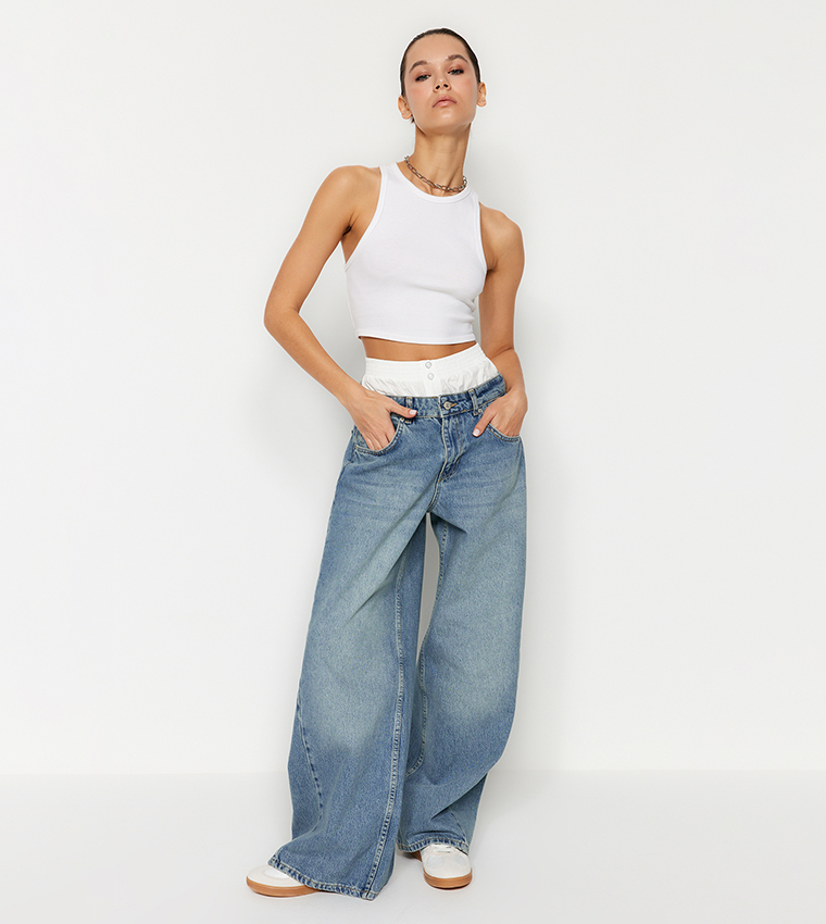 Buy Trendyol Boxer Stitching Detailed Wide Leg Jeans In Blue ...