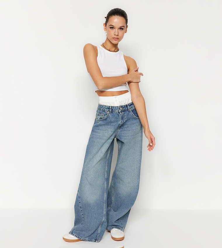 Buy Trendyol Boxer Stitching Detailed Wide Leg Jeans In Blue ...