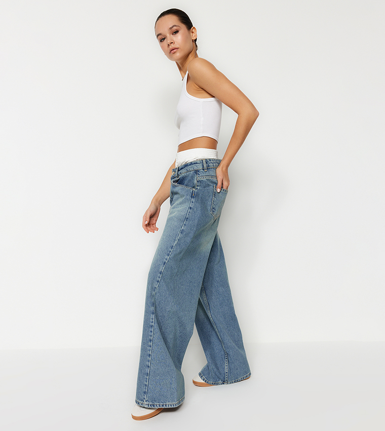 Buy Trendyol Boxer Stitching Detailed Wide Leg Jeans In Blue ...