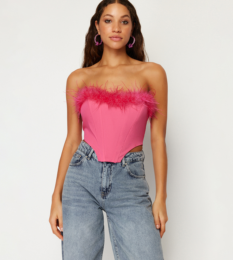 Buy Trendyol Feather Detail Strapless Bustier Top In Fuchsia ...