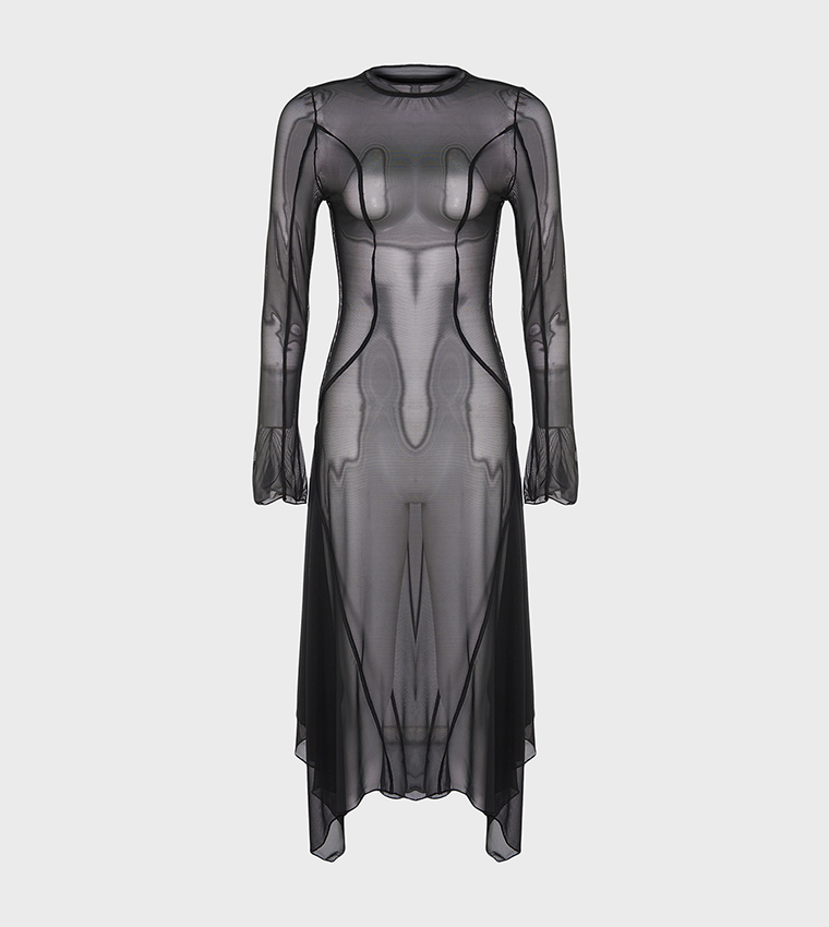 Buy Trendyol Tulle See Through Midi Dress In Black | 6thStreet Oman
