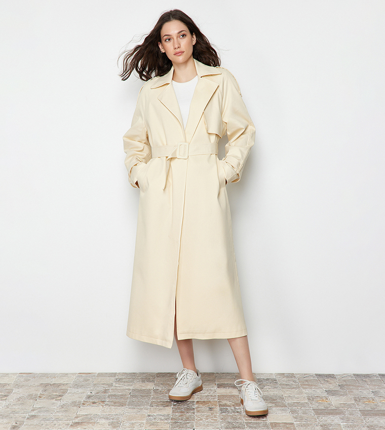 Buy Trendyol Oversized Wide Cut Belted Cotton Trench Coat In Beige ...