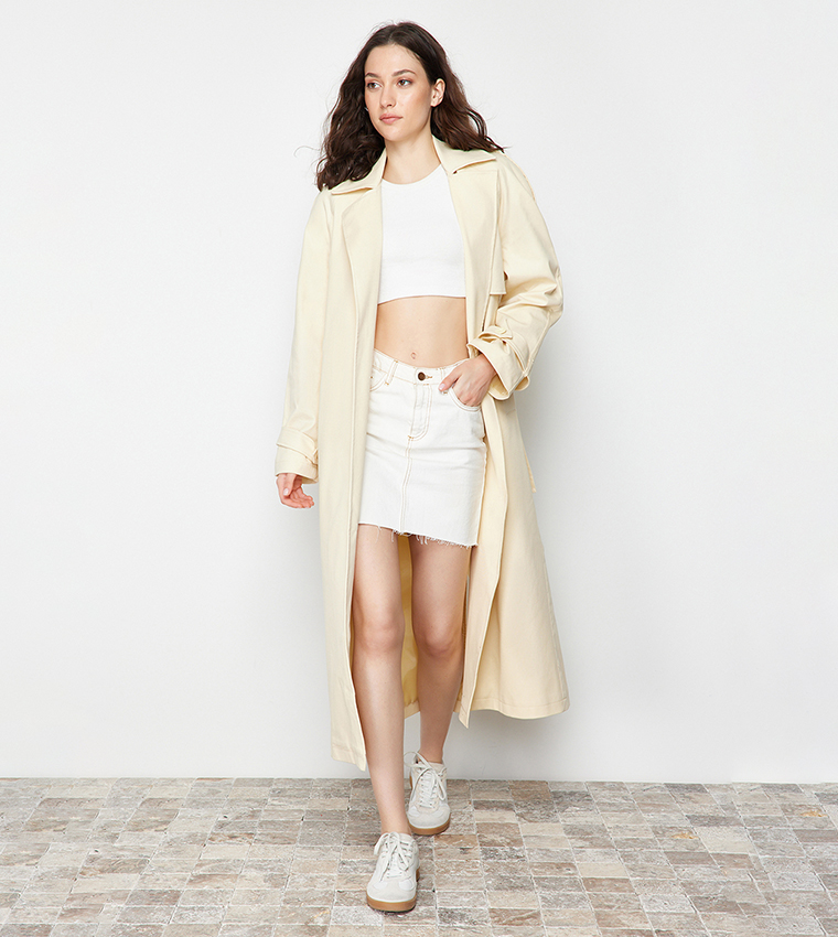 Buy Trendyol Oversized Wide Cut Belted Cotton Trench Coat In Beige ...