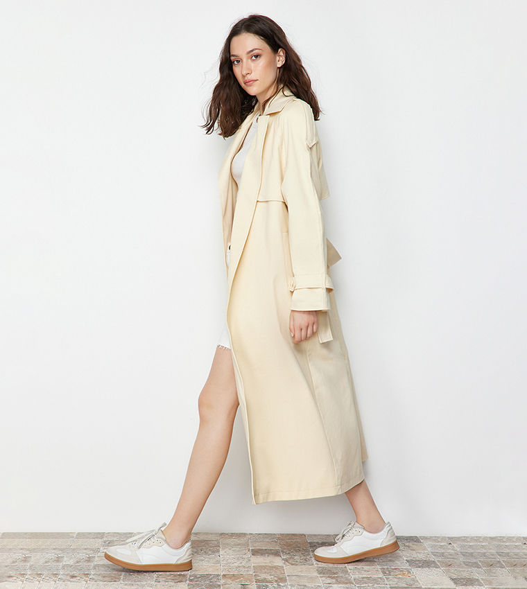 Buy Trendyol Oversized Wide Cut Belted Cotton Trench Coat In Beige ...