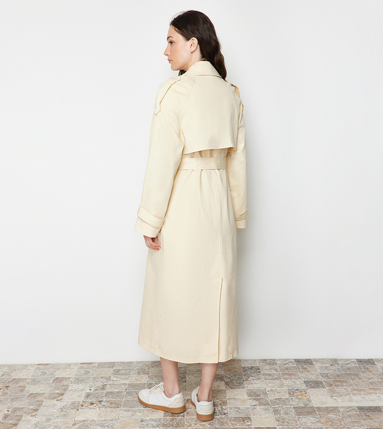 Buy Trendyol Oversized Wide Cut Belted Cotton Trench Coat In Beige ...