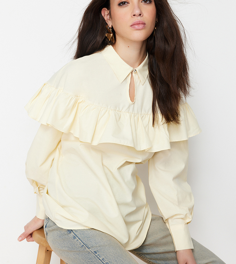 Buy Trendyol Solid Ruffle Detail Woven Tunic In Cream | 6thStreet Kuwait