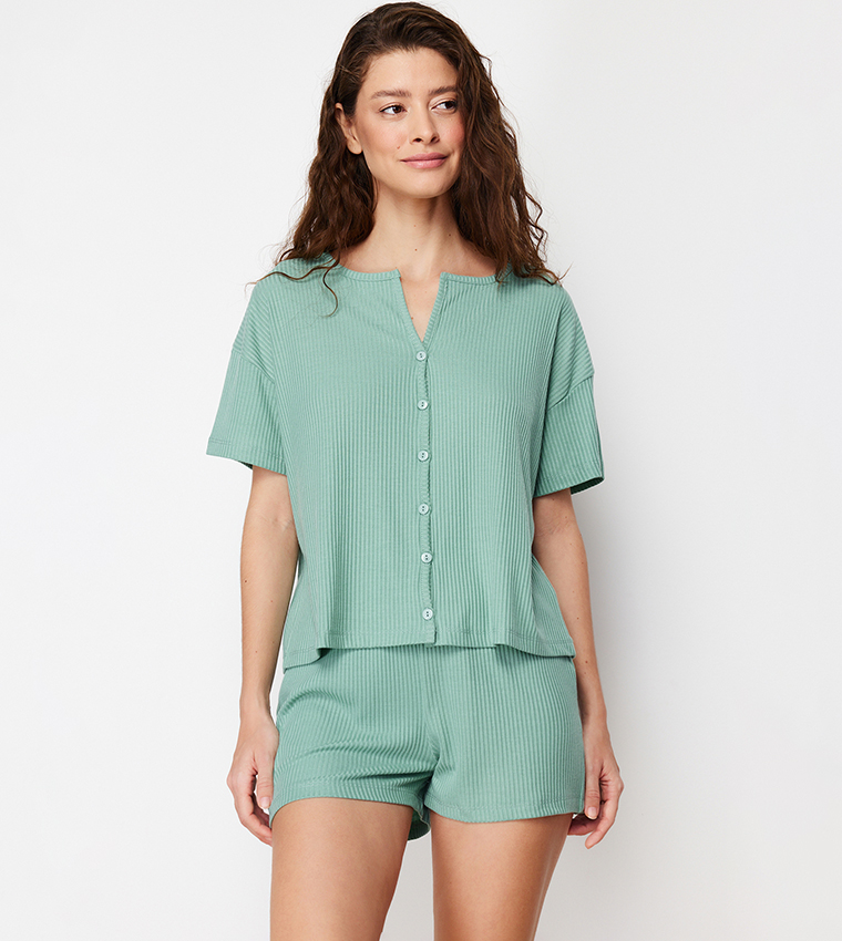 Buy Trendyol Solid Knitted Shorty Pyjama Set In Mint | 6thStreet UAE