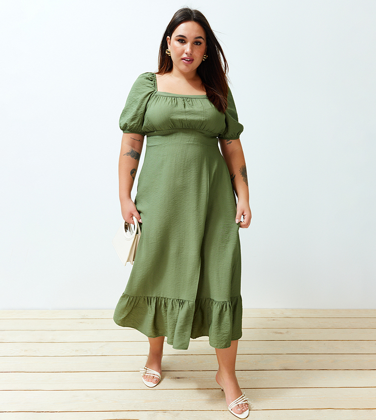 Buy Trendyol Solid Ruffle Hem Midi Dress In Green | 6thStreet UAE
