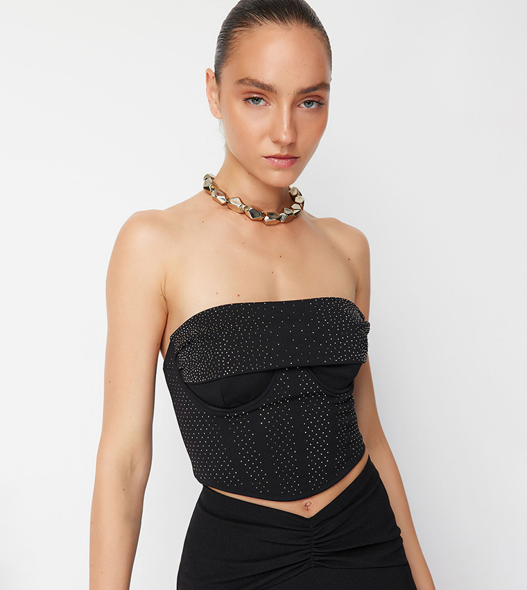 Buy Trendyol Embellished Bustier Strapless Top In Black | 6thStreet Kuwait