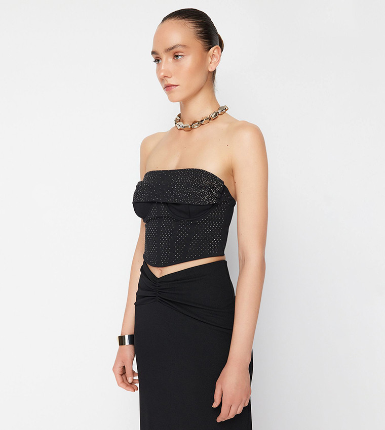 Buy Trendyol Embellished Bustier Strapless Top In Black | 6thStreet Kuwait