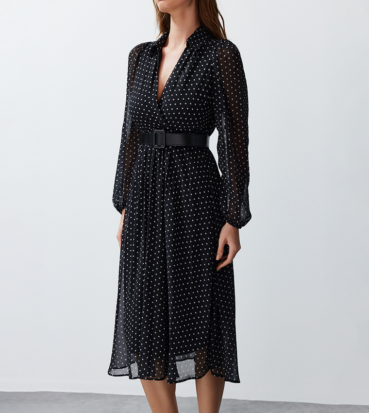 Buy Trendyol Polka Dot Chiffon Belted Midi Dress In Black | 6thStreet UAE