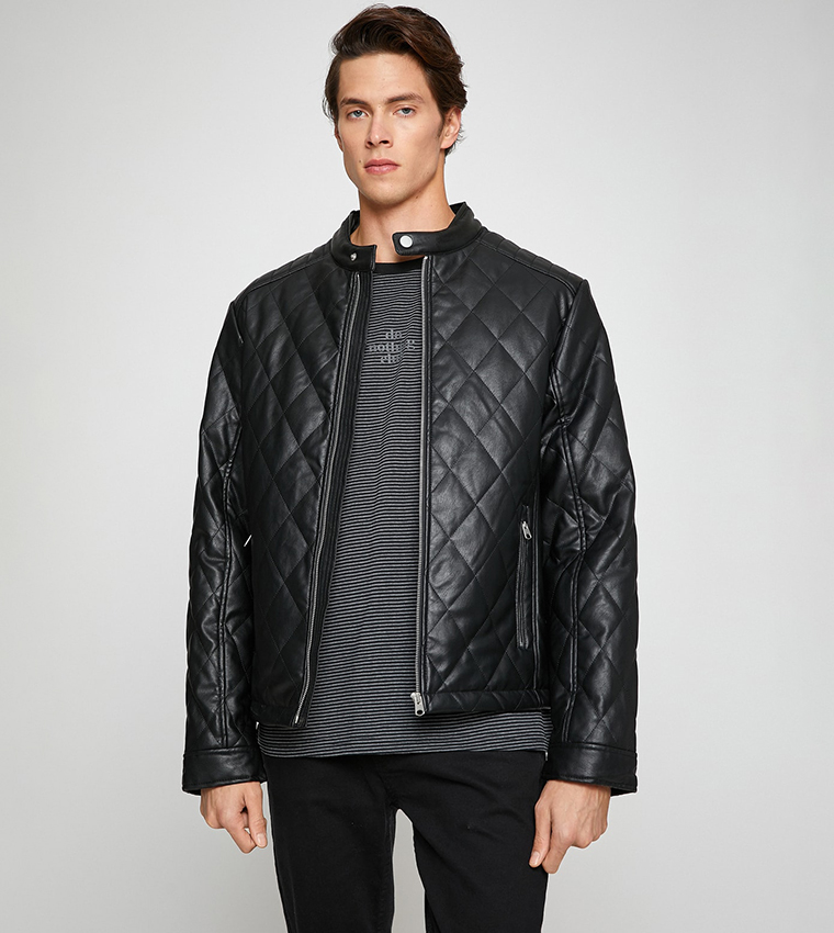 Buy Koton Quilted Leather Look Bomber Jacket In Black | 6thStreet UAE