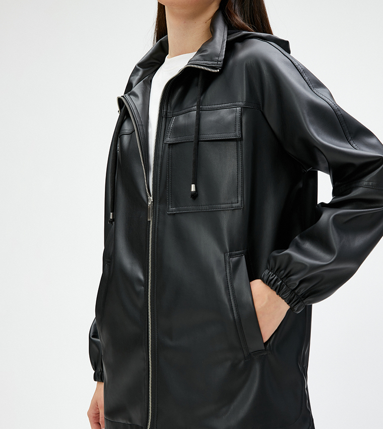 Buy Koton Pocket Detail Faux Leather Hooded Jacket In Black | 6thStreet ...
