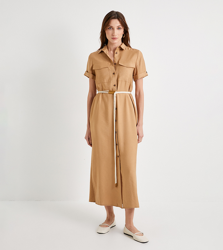 Buy Koton Solid Belted Shirt Dress In Brown | 6thStreet UAE
