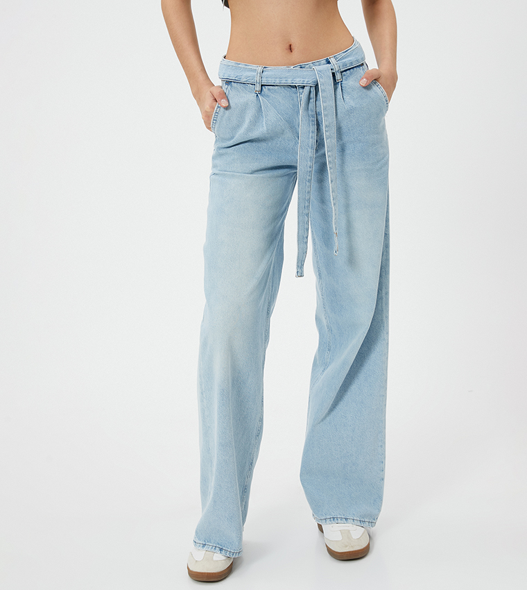 Buy Koton Tie Belt Wide Leg Jeans In Blue | 6thStreet UAE