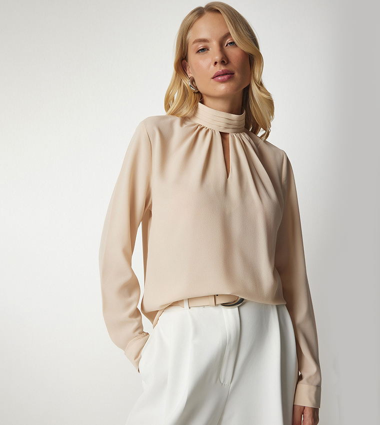 Buy Happiness İstanbul Keyhole Neck Flowy Crepe Top In Beige ...