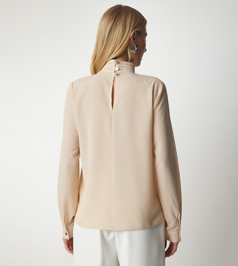 Buy Happiness İstanbul Keyhole Neck Flowy Crepe Top In Beige ...