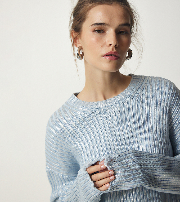 Buy Happiness İstanbul Shimmery Ripped Detailed Knitted Sweater In Blue ...
