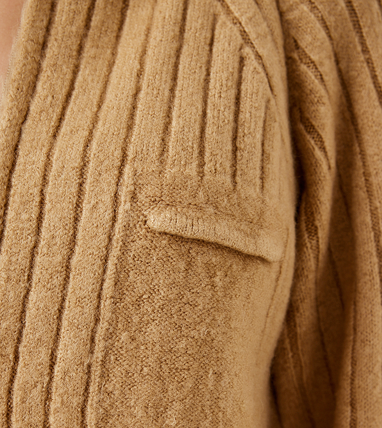 Buy Happiness İstanbul Ribbed High Neck Cardigan In Camel | 6thStreet ...