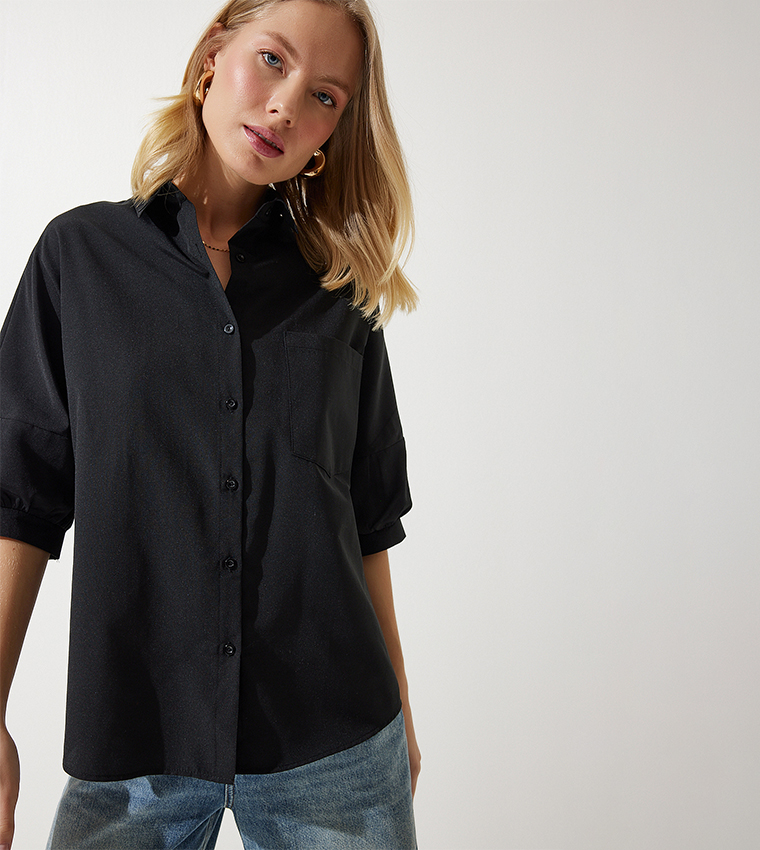 Buy Happiness İstanbul Solid Balloon Sleeves Shirt In Black | 6thStreet Saudi Arabia