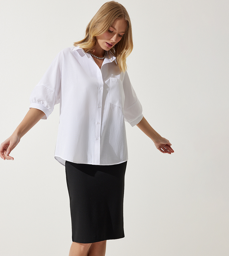 Buy Happiness İstanbul Solid Balloon Sleeves Shirt In White | 6thStreet Saudi Arabia