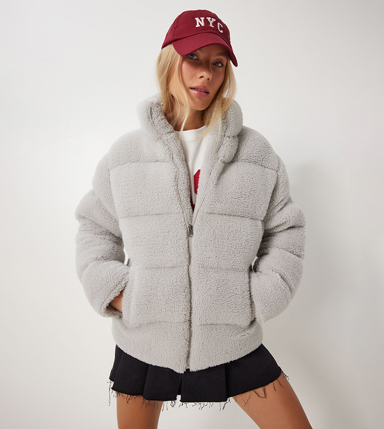 Buy Happiness İstanbul Plush Puffer Jacket In Grey | 6thStreet UAE