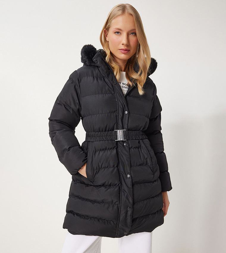 Buy Happiness İstanbul Fur Hooded Puffer Jacket In Black | 6thStreet ...