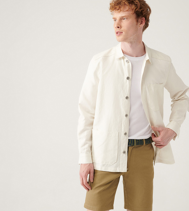 Buy Avva Solid Pocket Detail Linen Shacket In Beige | 6thStreet Saudi ...