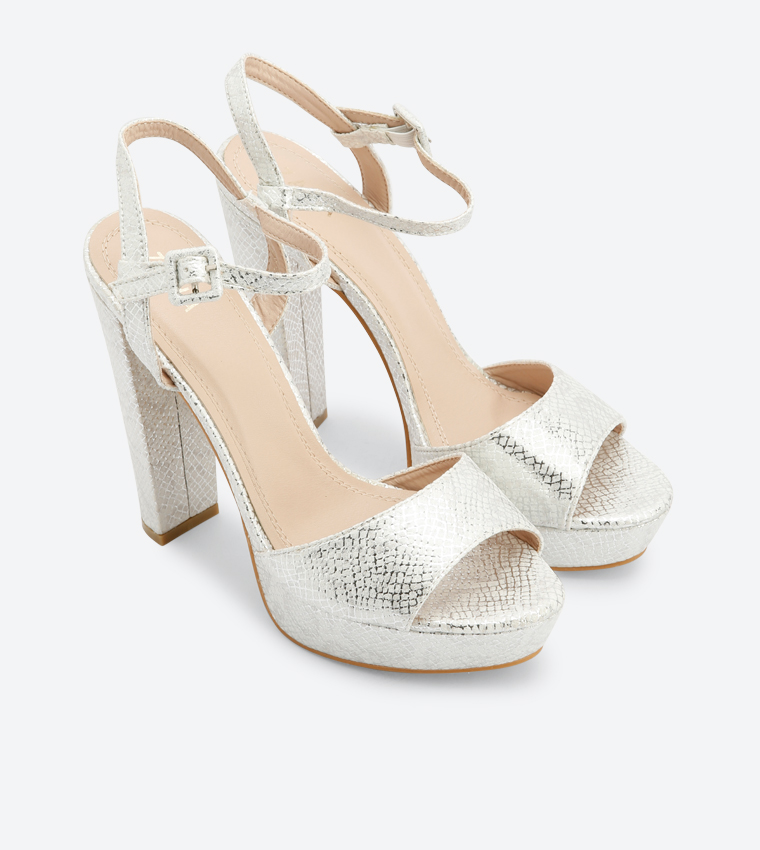 Buy ZAHA @ CCC Stacked Heel Buckle Closure High Heel Sandals Silver 912 ...