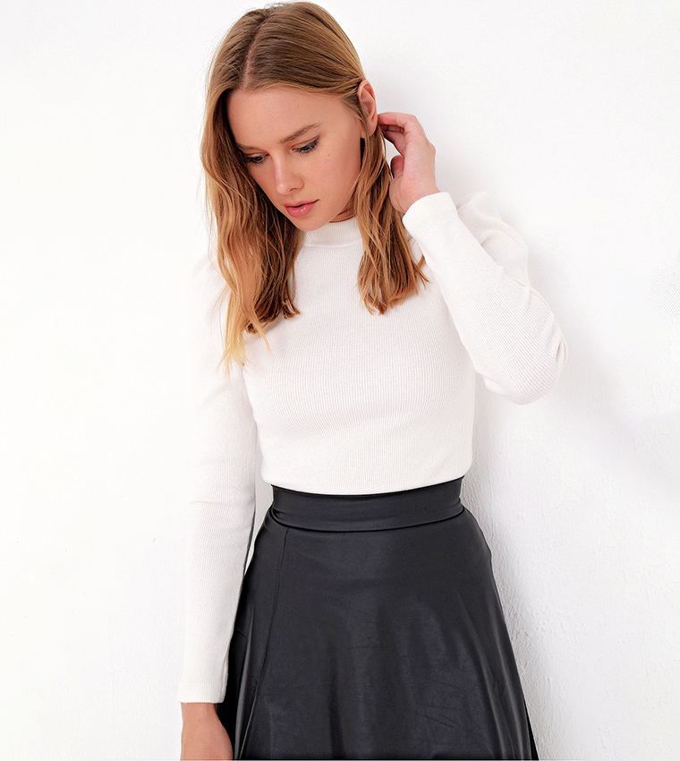 Buy Trend Alaçatı Stili Ribbed Princess Sleeves Mock Neck Top In White ...