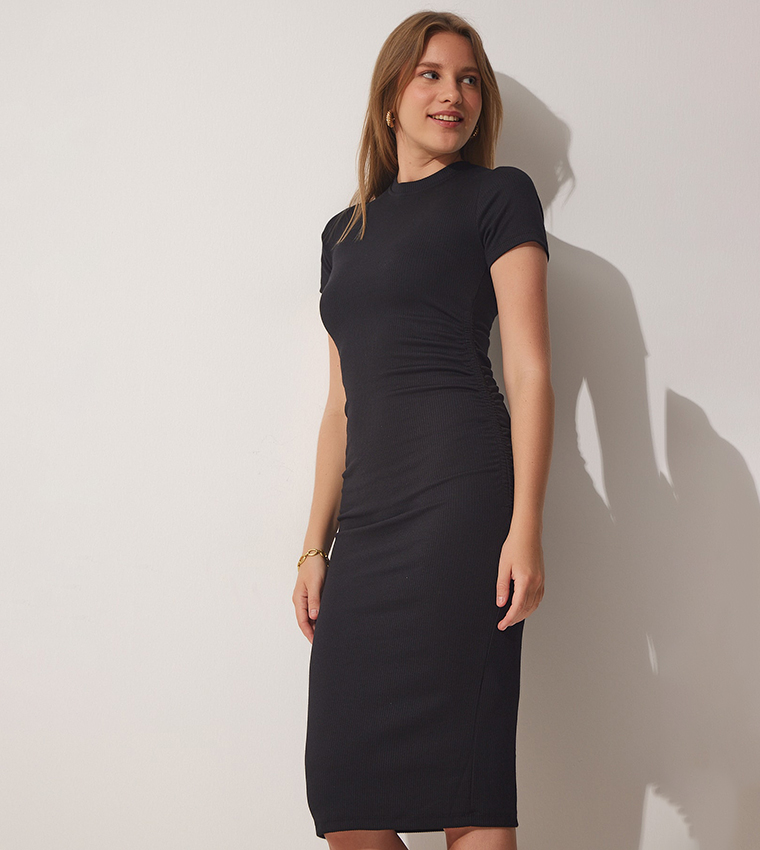 Buy Happiness İstanbul Ribbed Short Sleeves Bodycon Dress In Black