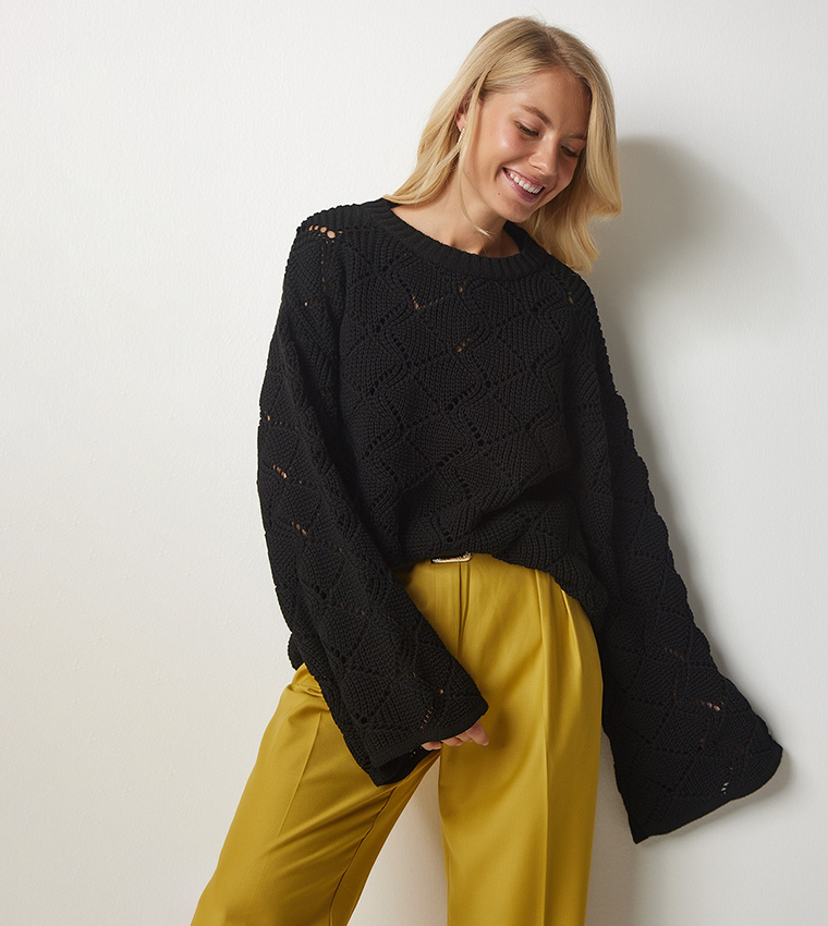 Buy Happiness İstanbul Openwork Flared Sleeves Sweater In Black ...