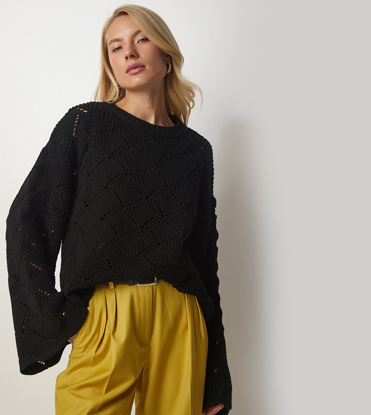 Buy Happiness İstanbul Openwork Flared Sleeves Sweater In Black ...