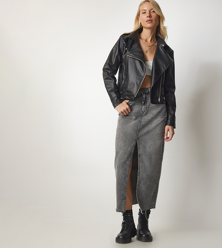 Buy Happiness İstanbul Lapel Collar Faux Leather Biker Jacket In Black ...