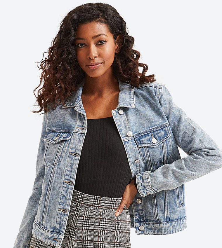 Buy Ardene Acid Wash Effect Long Sleeve Denim Jacket Blue In Blue ...