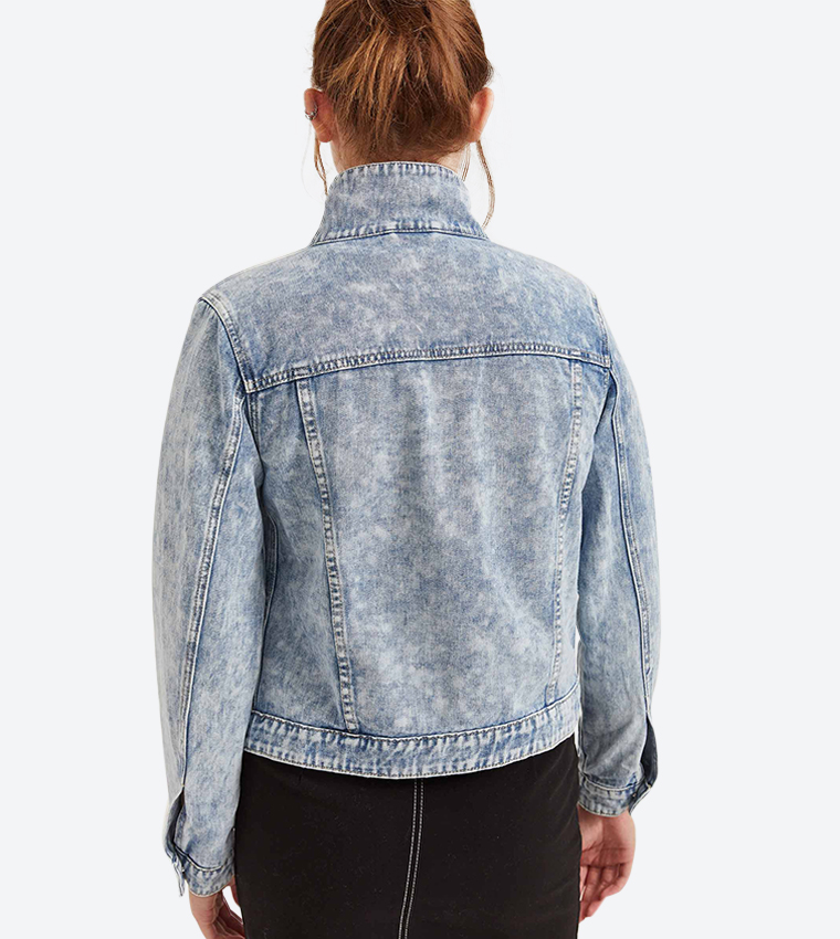 Buy Ardene Acid Wash Effect Long Sleeve Denim Jacket Blue In Blue ...