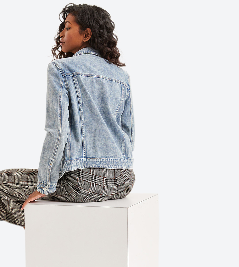 Buy Ardene Acid Wash Effect Long Sleeve Denim Jacket Blue In Blue ...