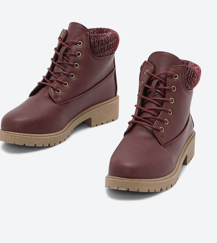 Buy Ardene Knit Collar Lace Up Combat Boots Maroon In Maroon ...