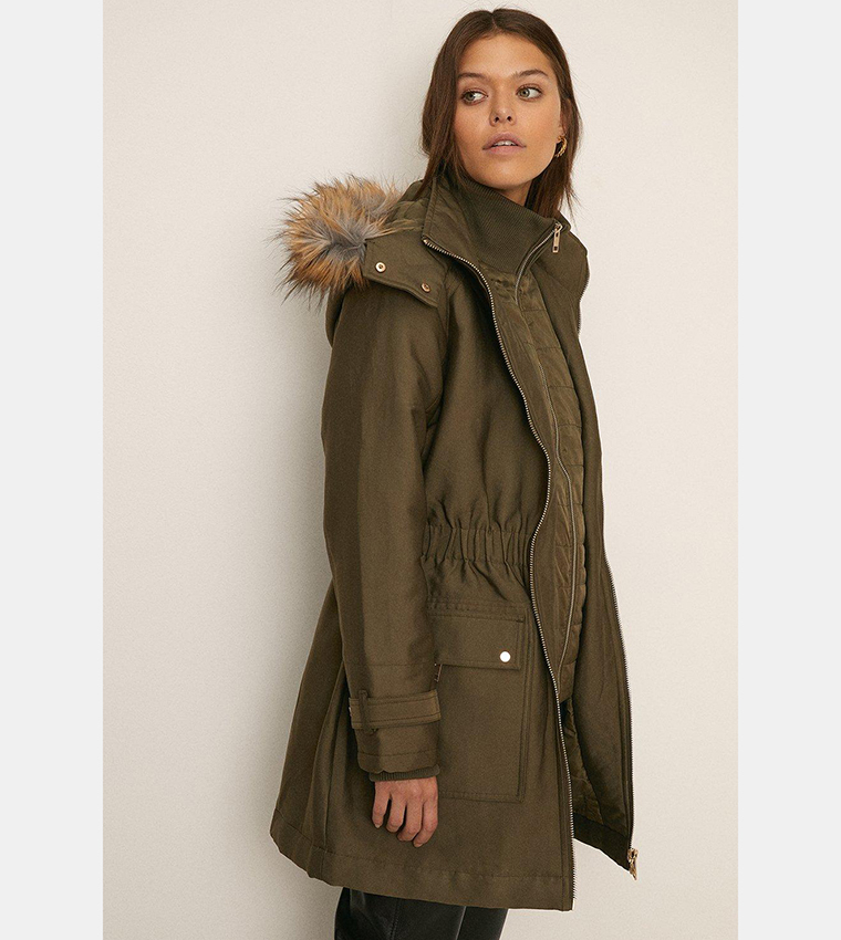 Buy Oasis Premium Fur Hood Padded Winter Parka Jacket In Khaki ...