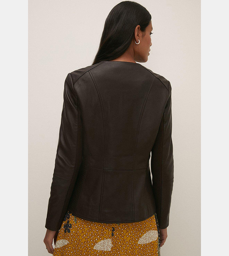 Buy Oasis Collarless Leather Jacket In Brown | 6thStreet Kuwait