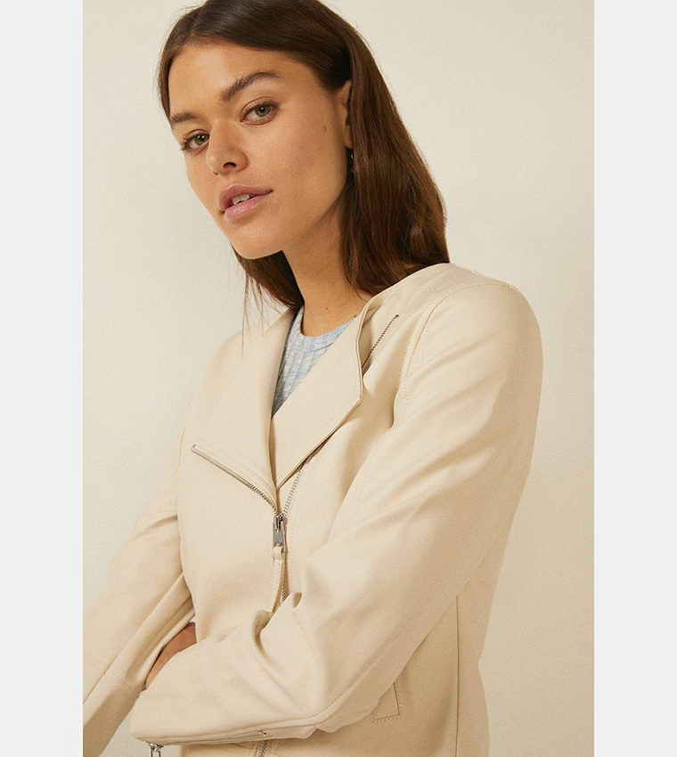 Buy Oasis Faux Leather Collarless Jacket In White | 6thStreet Qatar