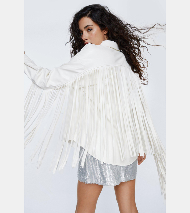 Buy Nasty Gal Fringed Faux Leather Shirt Jacket In White | 6thStreet Kuwait