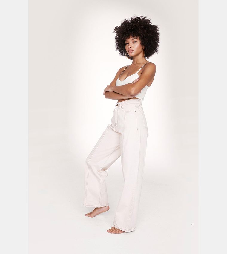 Buy Nasty Gal Organic Denim Stitch Front Wide Leg Jeans In Ecru ...