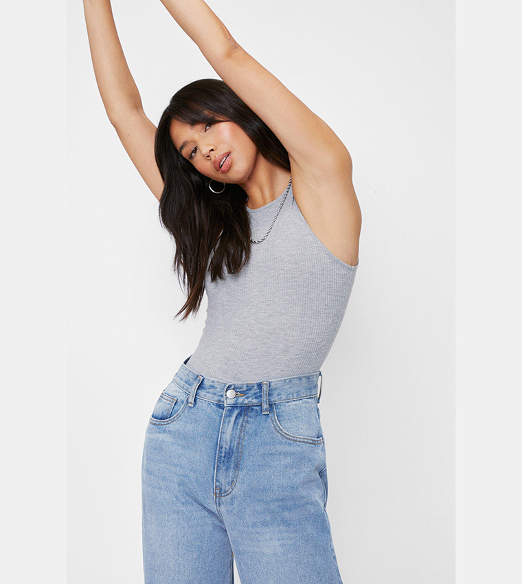 Buy Nasty Gal Ribbed Racerback High Leg Bodysuit In Grey | 6thStreet Qatar