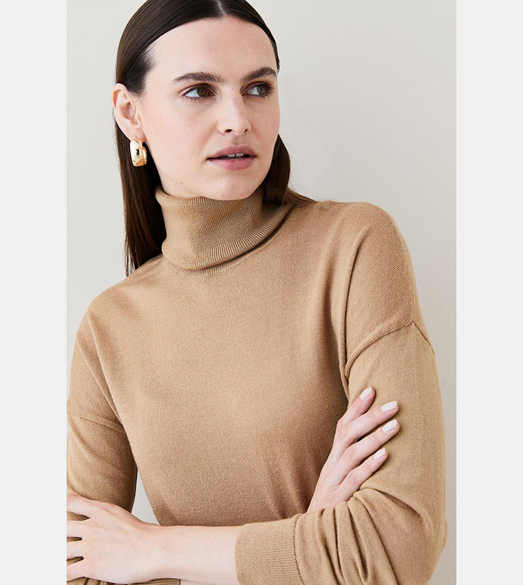 Buy Karen Millen Merino Wool Roll Neck Longline Sweater In Beige