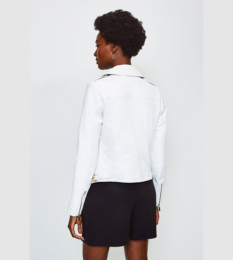 Buy Karen Millen Military Leather Biker Jacket In White | 6thStreet Kuwait
