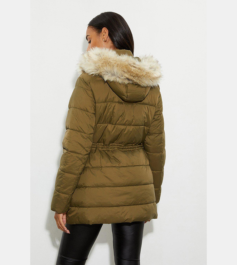 Buy Dorothy Perkins Faux Fur Hood Zip Padded Puffer Jacket In Khaki | 6thStreet UAE