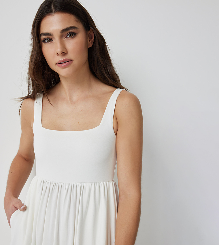 Buy Ardene Solid Square Neck Flared Midi Dress In White | 6thStreet UAE