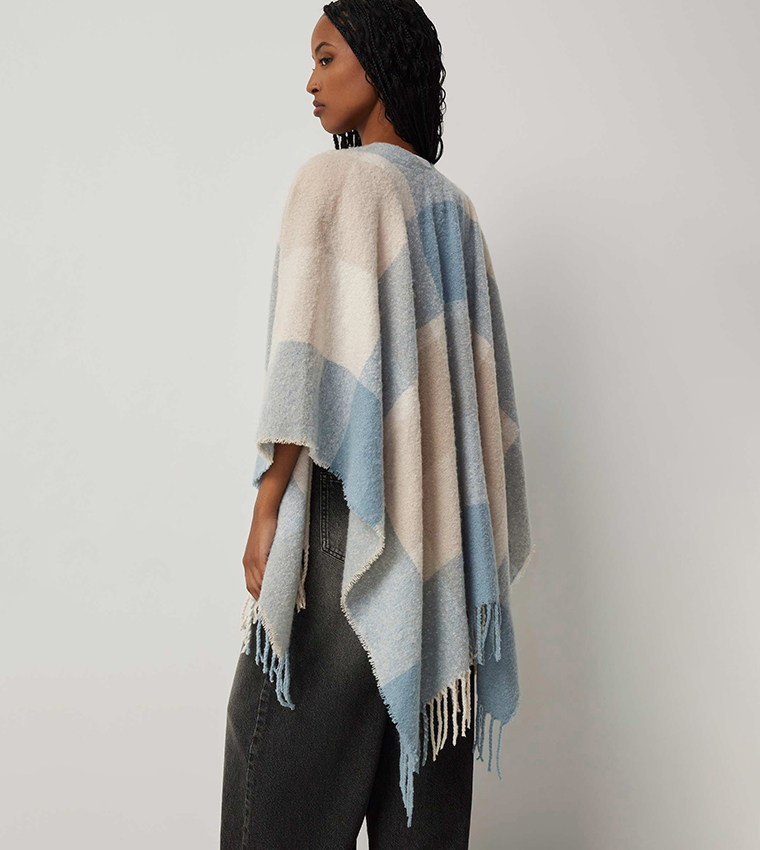 Buy Ardene Plaid Fringe Trim Poncho In Blue | 6thStreet UAE