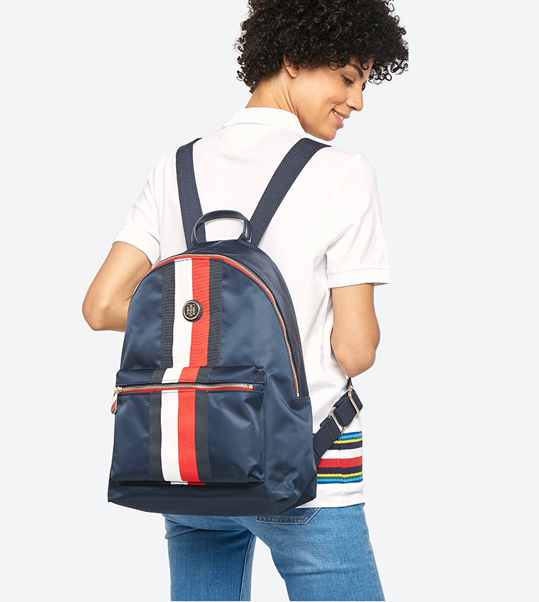 Buy Tommy Hilfiger Poppy Striped Zip Closure Backpack Navy In Navy ...